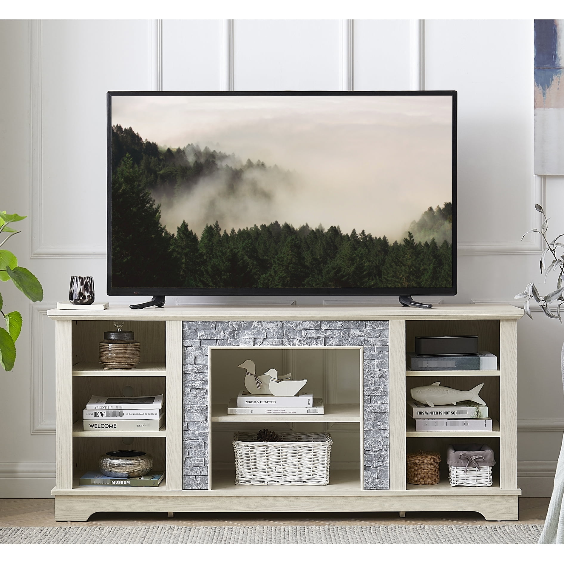 Modern White Entertainment Center With Faux Stacked Stone And Versatile ...