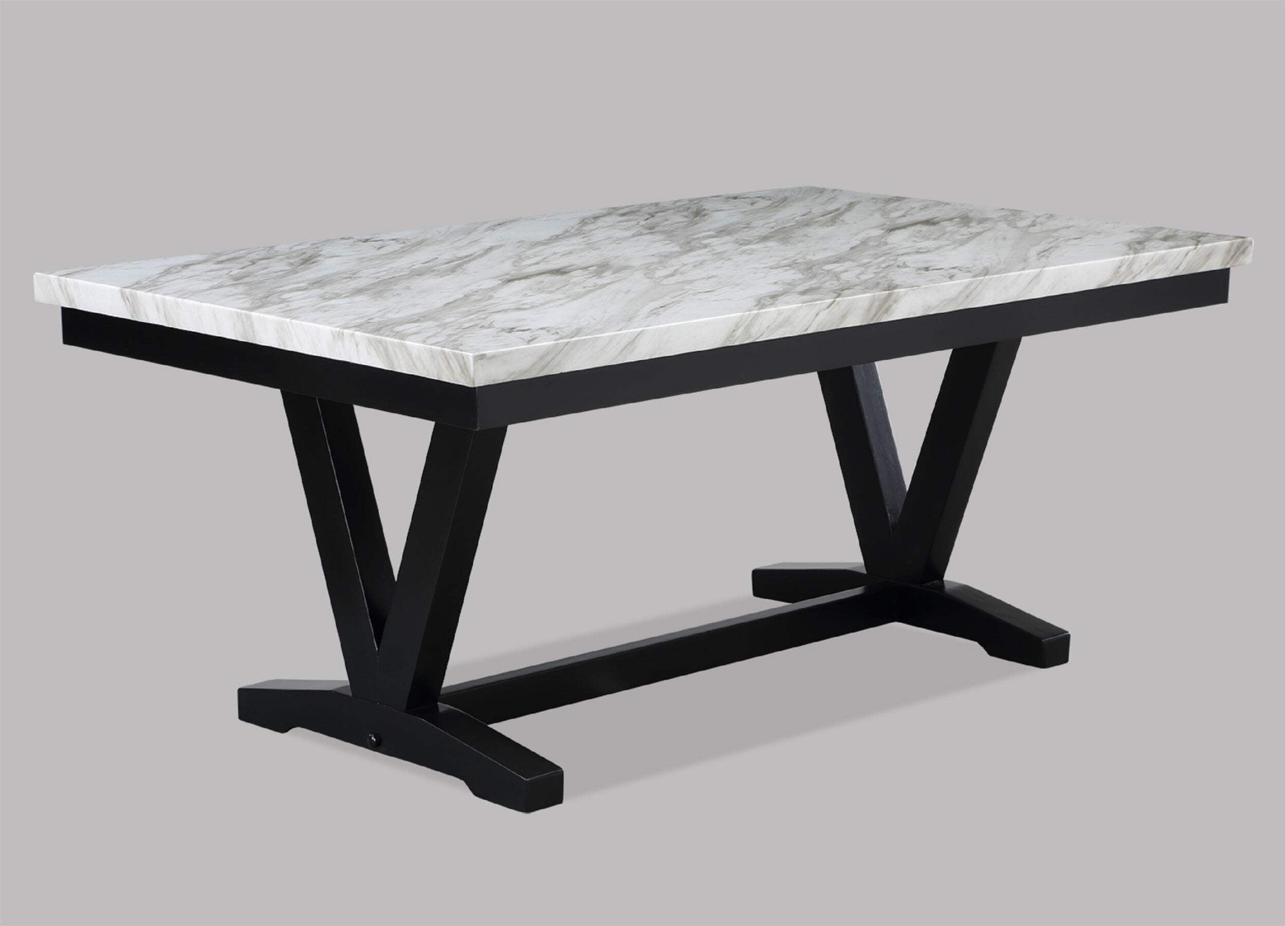 Modern White Faux Marble Black Dining Room Rectangular Table V Shape ...
