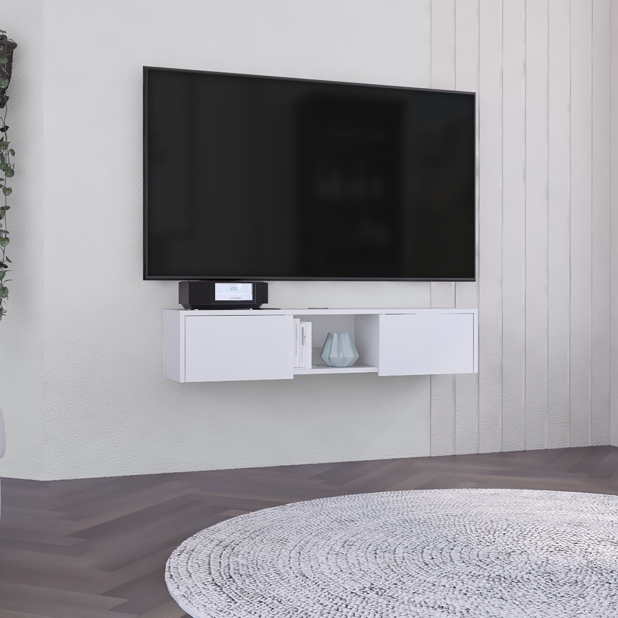 Modern White Floating Tv Stand With Side Compartments And Central Media ...