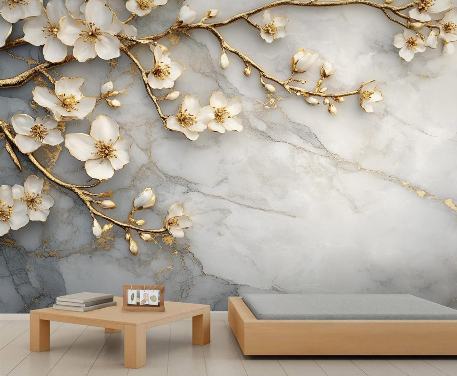 Modern White Flowers Custom Wallpaper Abstract Marble Texture Wall ...