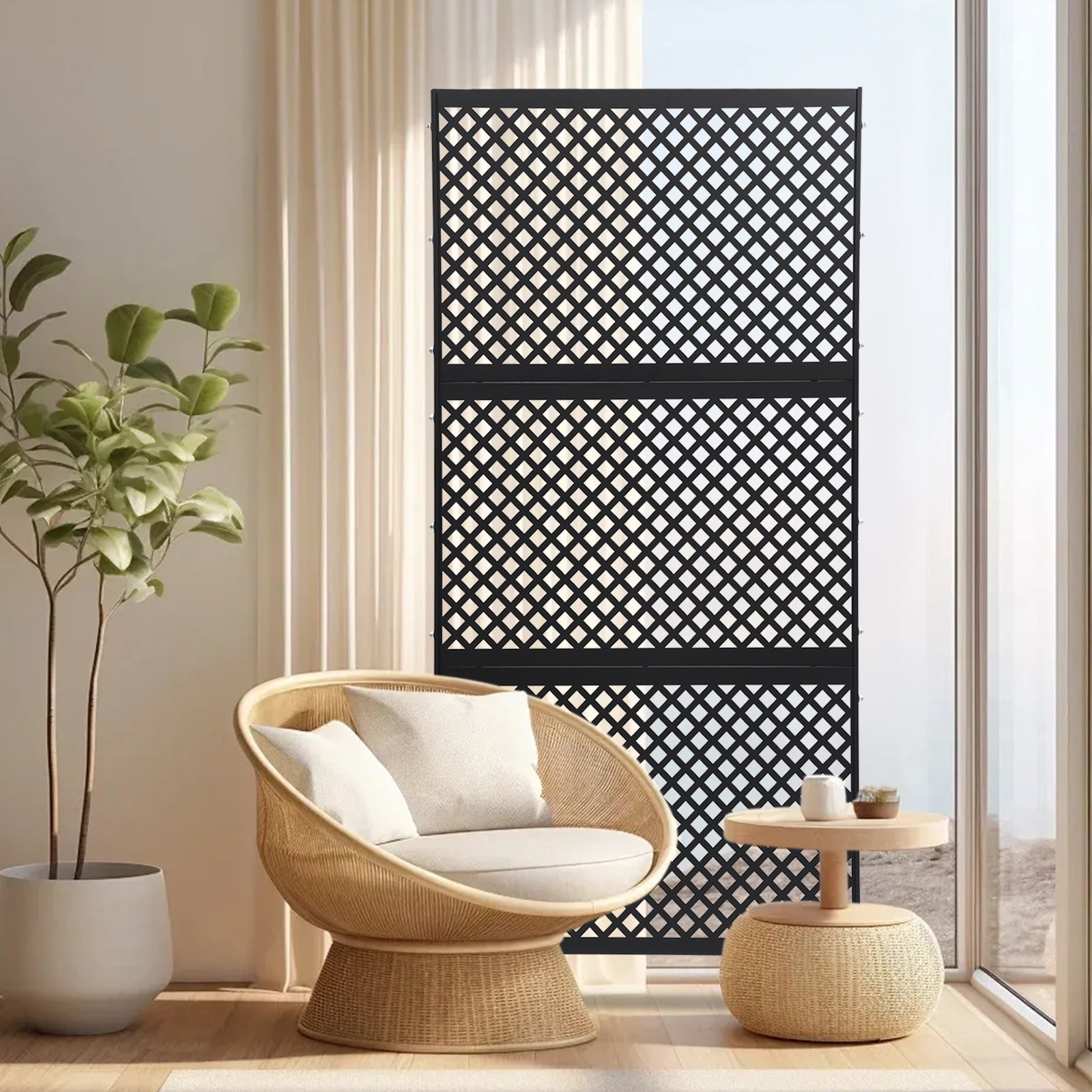 Modern White Freestanding Privacy Screen with 3 Laser-Cut Steel Panels ...