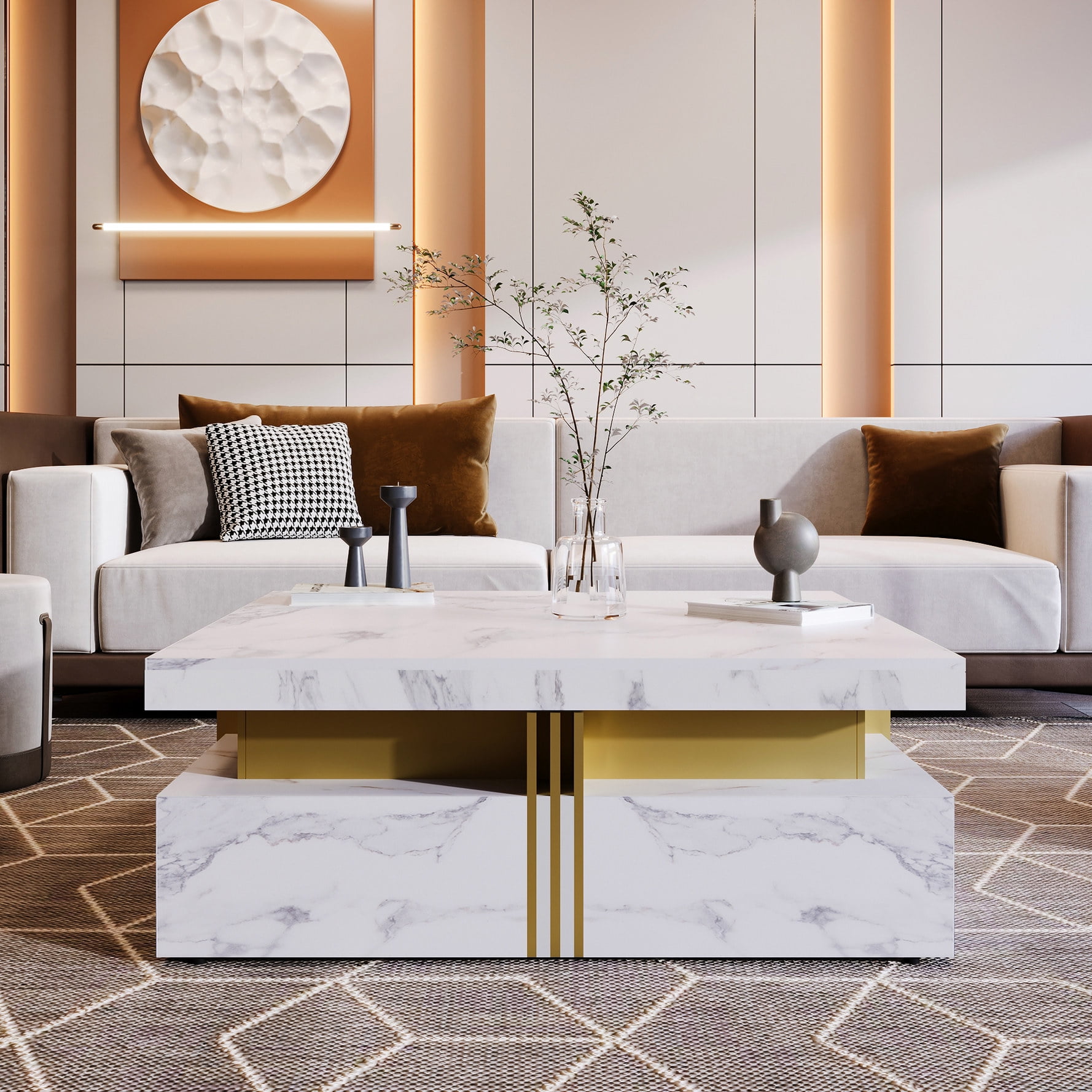 Modern White & Gold Coffee Table - Elevates Living Space Aesthetics ...