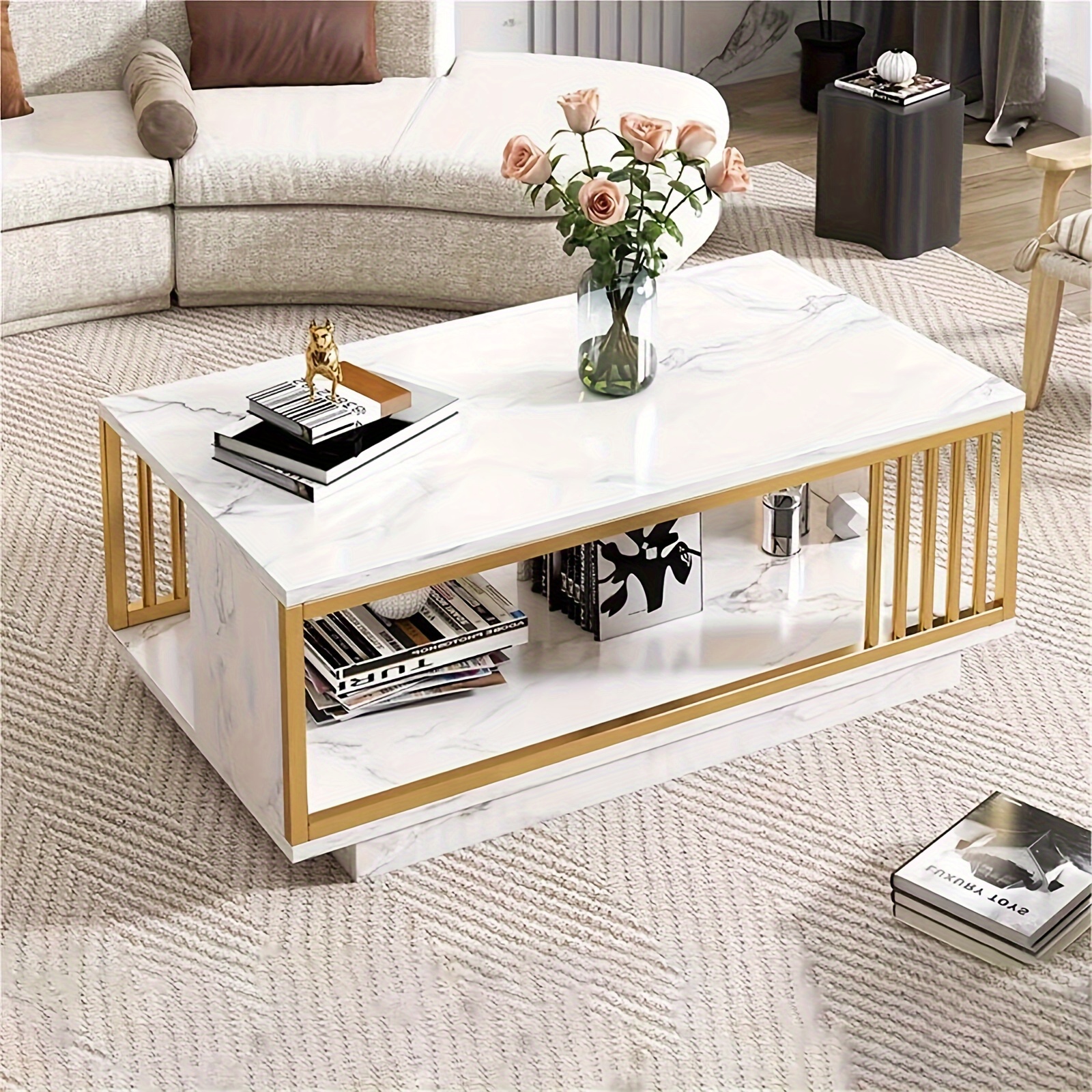 Modern White Gold Coffee Table, Faux Marble Coffee Table, High Gloss ...