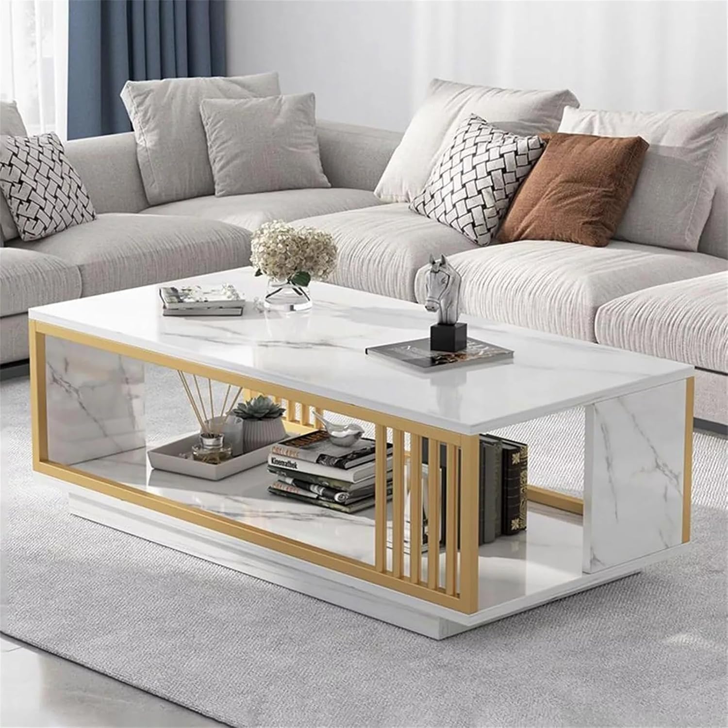 Modern White Gold Coffee Table for Living Room, 39.4" Rectangular High ...