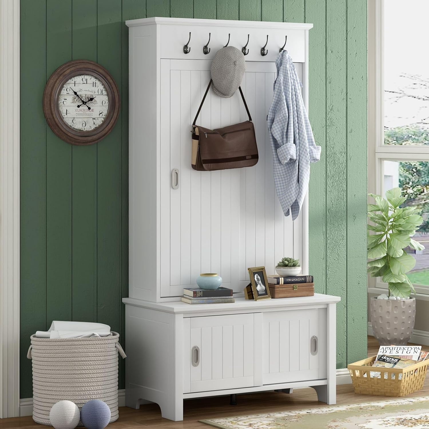 Modern White Hall Tree with Sliding Doors, Storage Cabinet & Coat Rack ...
