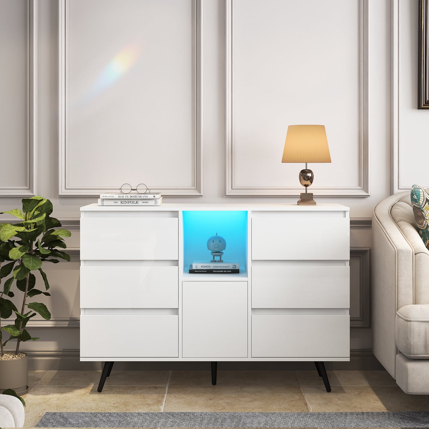 Modern White High Gloss LED Light Living Room Sideboard Cabinet Wooden ...