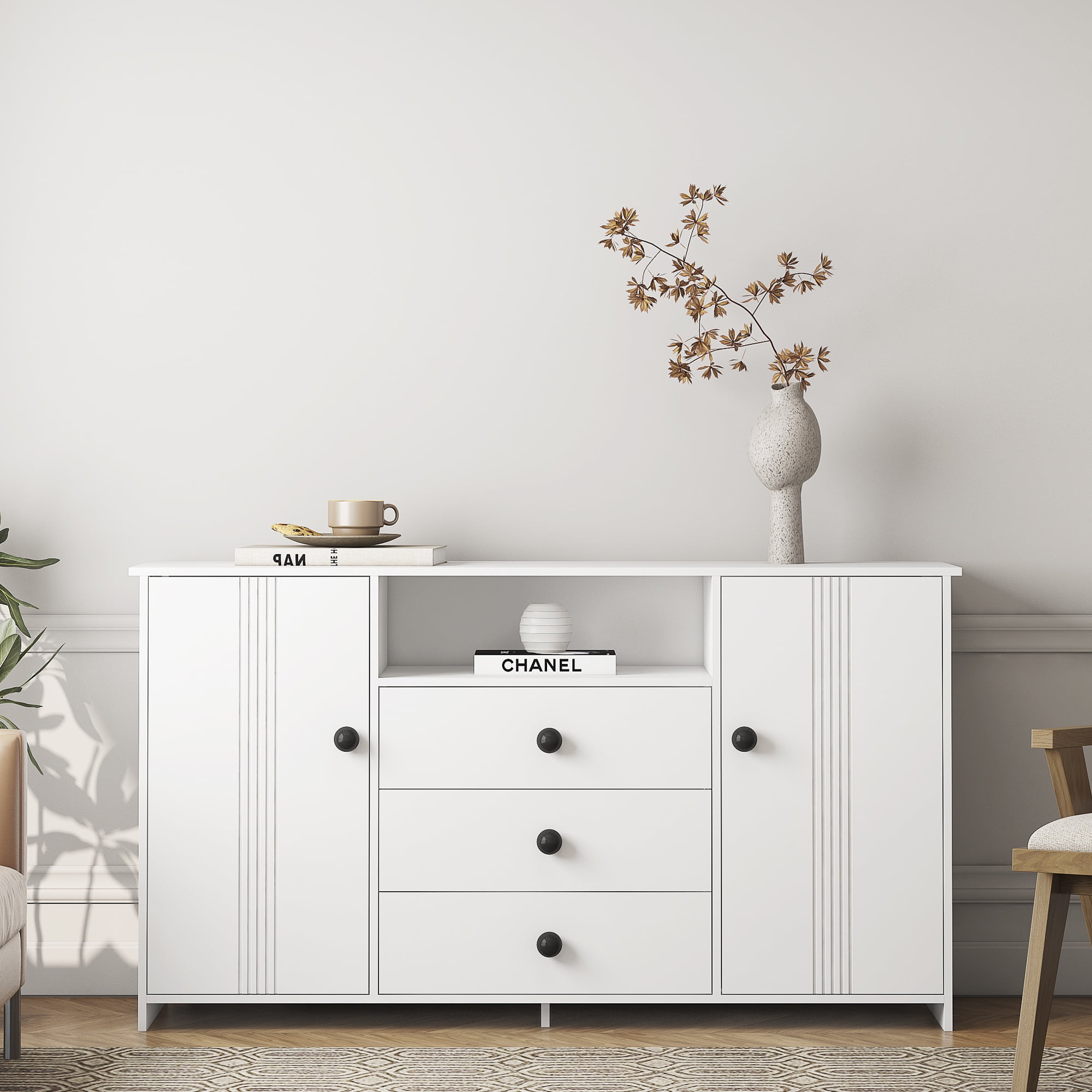Modern White Kitchen Buffet Cabinet with Storage & Adjustable Shelves ...
