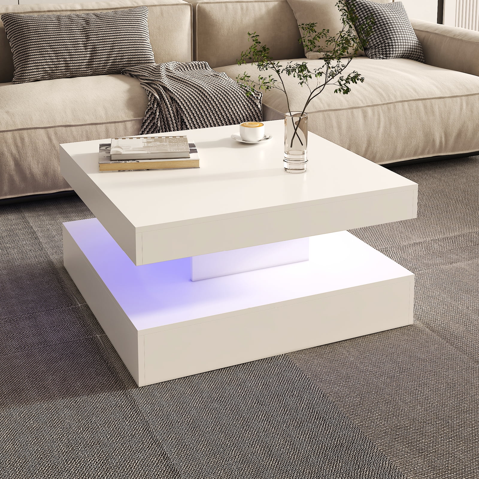 Modern White LED Coffee Table with Storage - 2-Tier Square Wooden ...