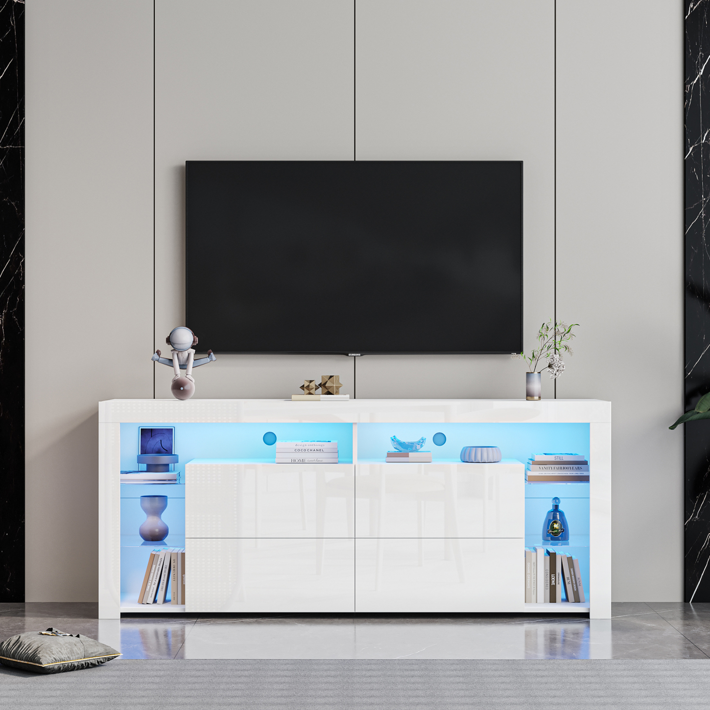 Modern White LED TV Cabinet with 4 Storage Drawers & Open Shelves, An ...