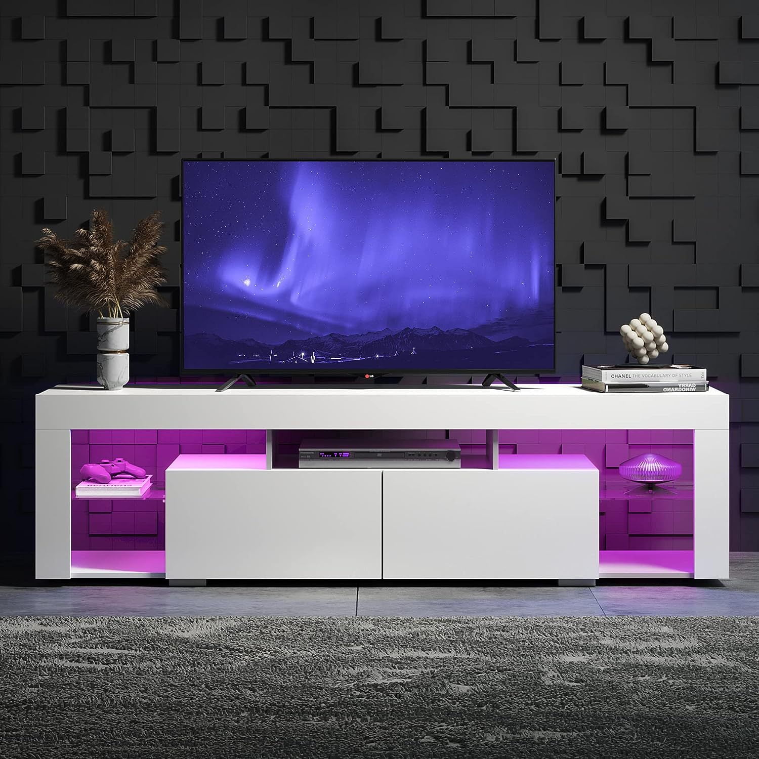 Modern White LED TV Stand - 20 Color Changing Lights with Remote ...