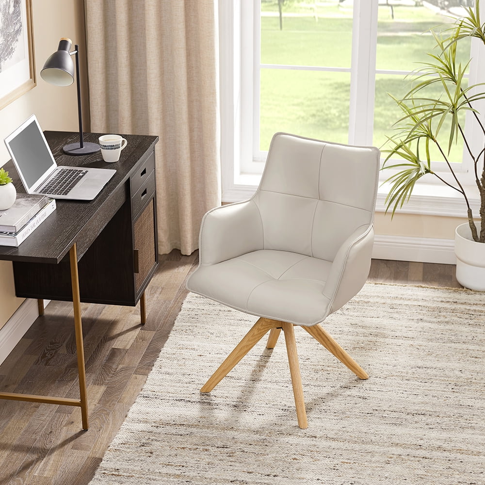 Modern White Leather Swivel Arm Chair with Wood Legs in Home Office ...