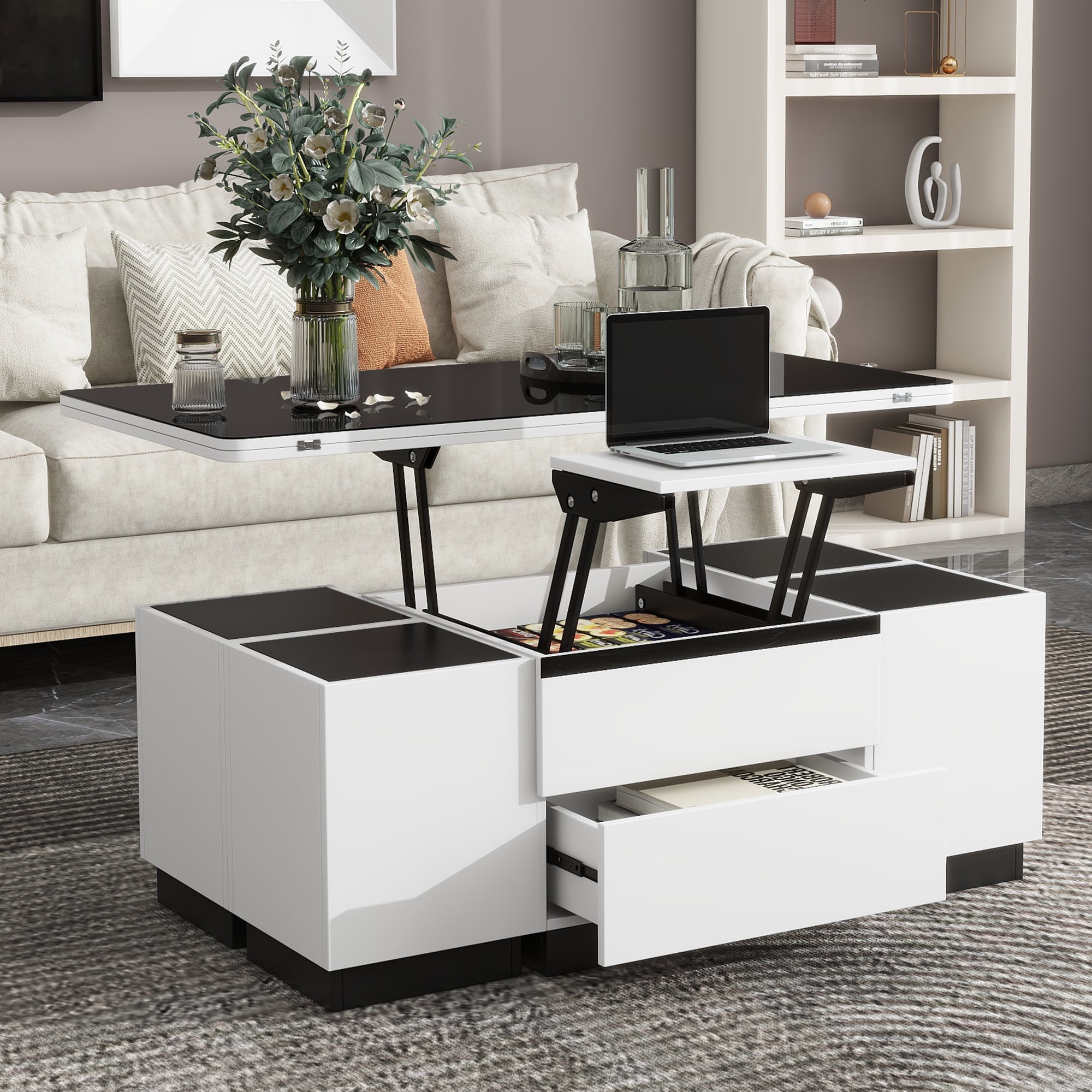 Modern White Lift Top Glass Coffee Table with Drawers & Storage ...