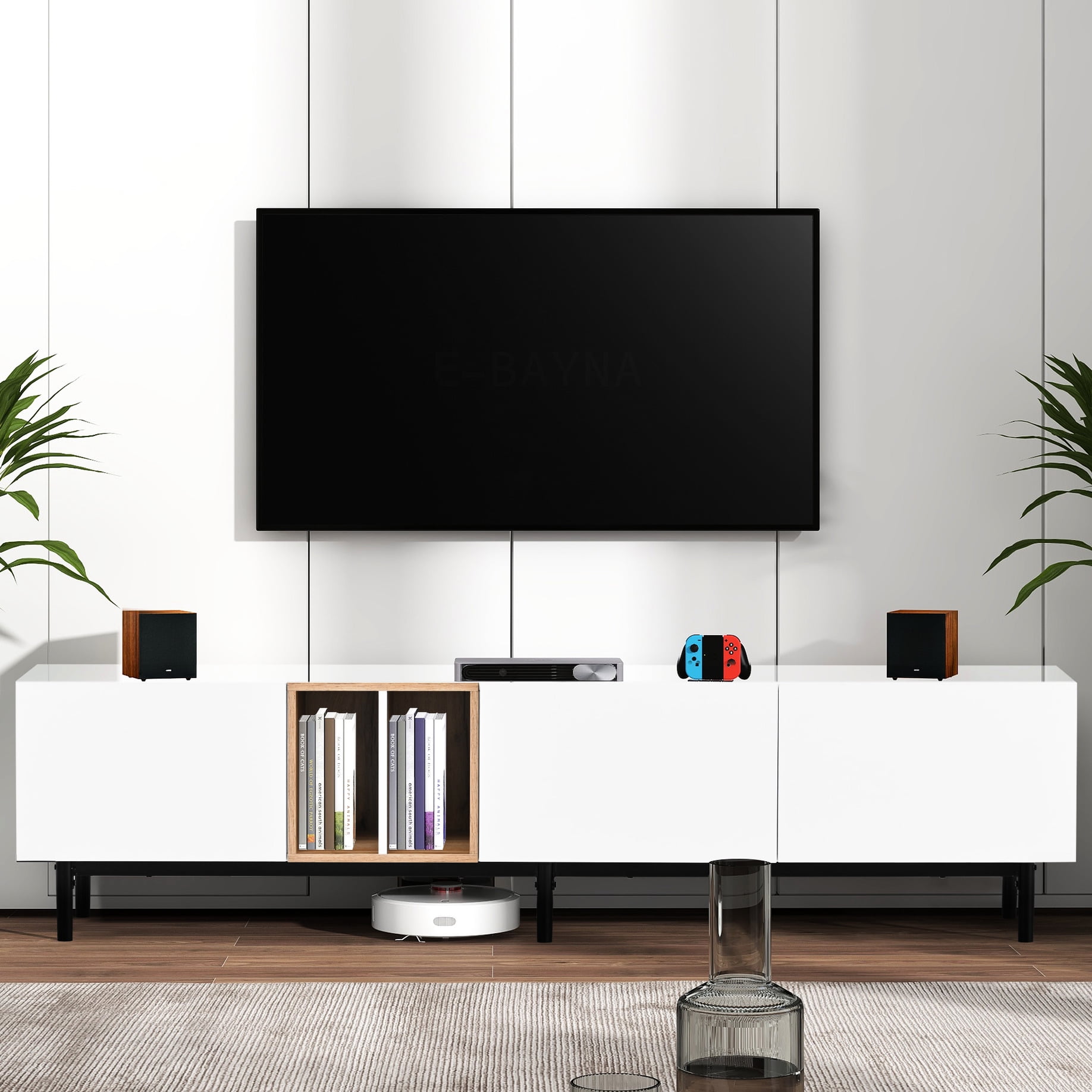 Modern White Media Console For 80" Tv, Large Storage Space A Neat ...