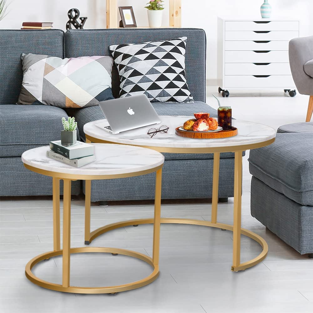 Modern White Nesting Coffee Table Set with Golden Frame and Marble ...