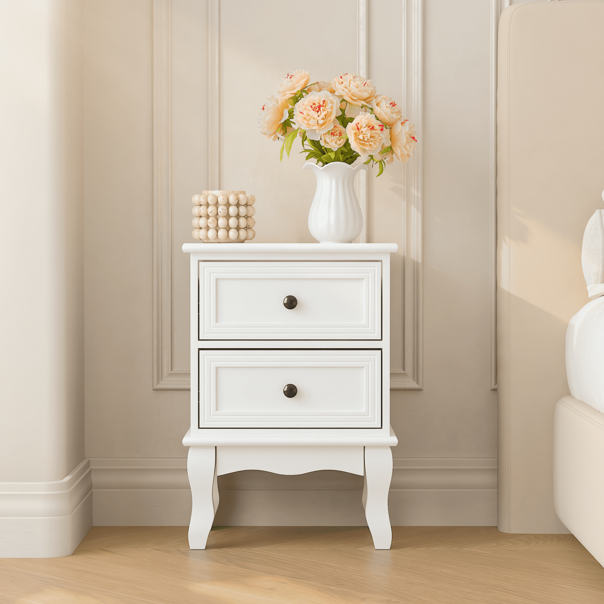 Modern White Nightstand with 2 Drawers, French Country Bedside Table ...
