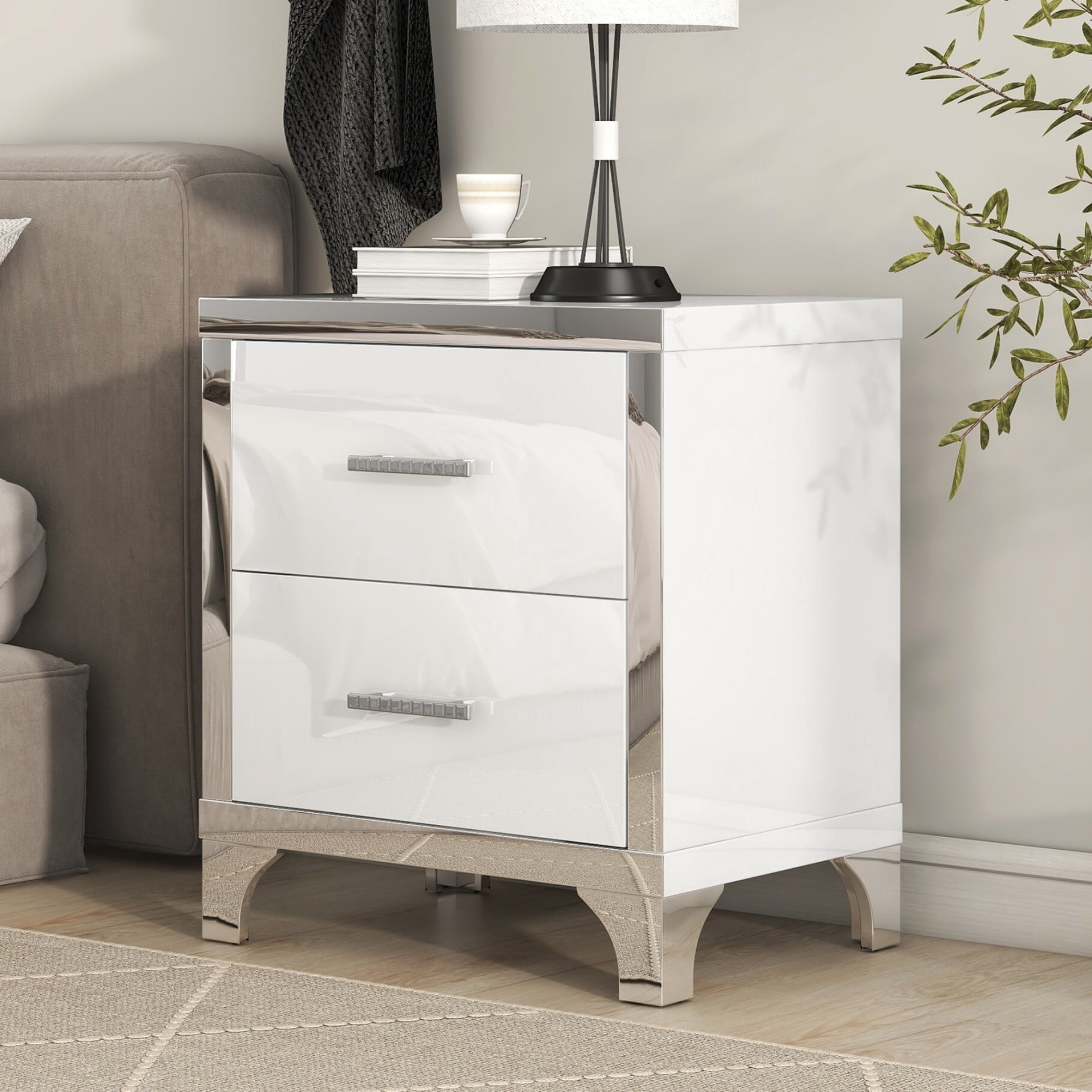 Modern White Nightstand for Bedroom, Elegant 2 Drawer Nightstand with ...