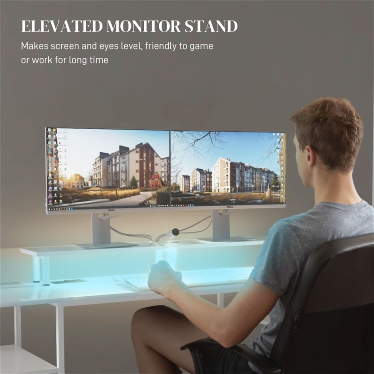 Modern White Office Computer Desk with Built-in LED Lights and Cable ...