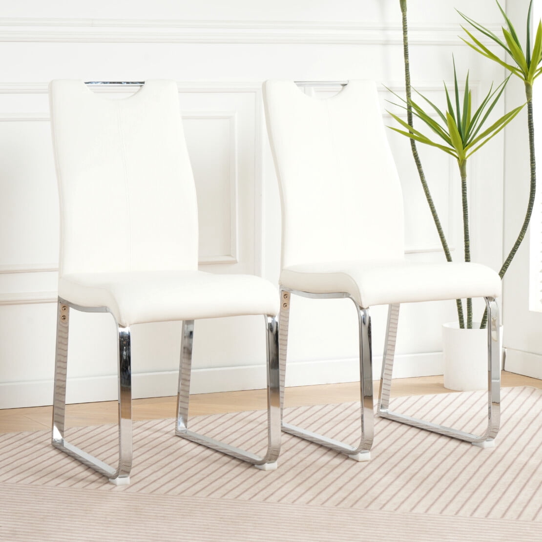 Modern White PU Dining Chairs with Upholstered Seats & Metal Legs ...