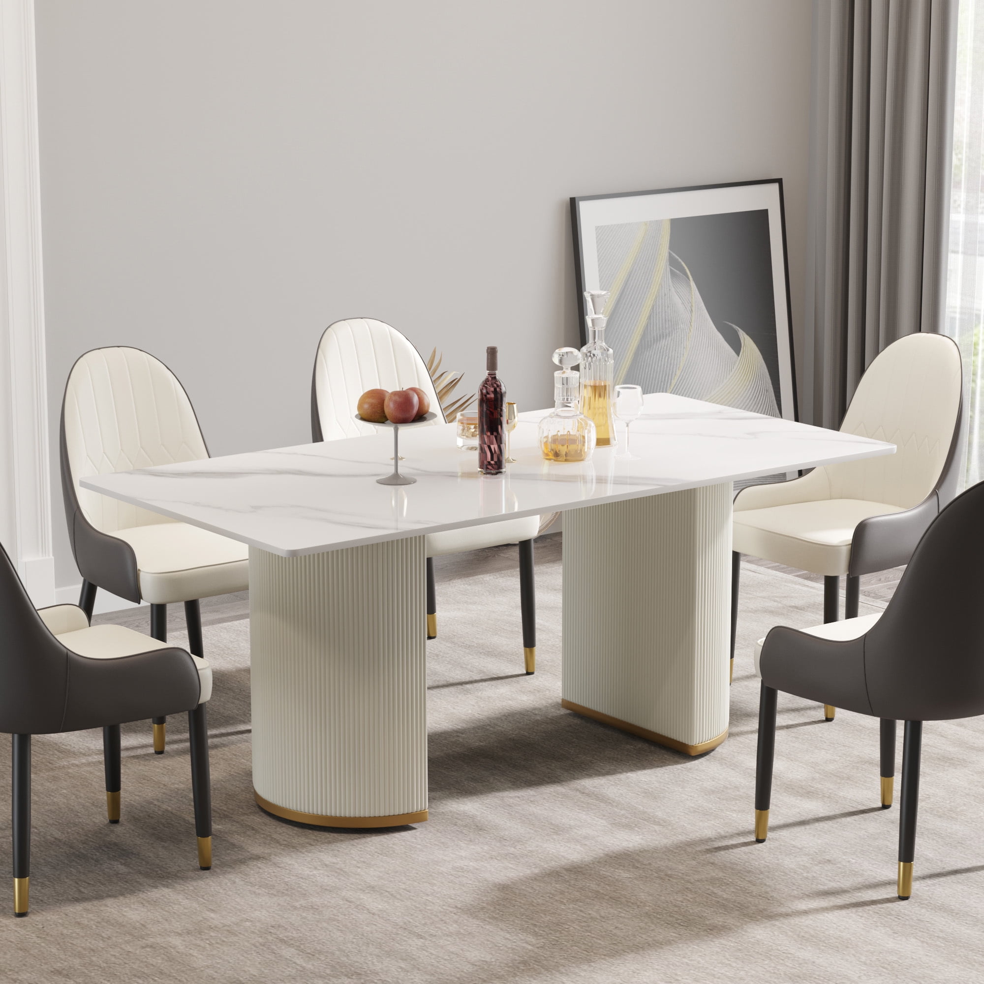 Modern White Panel Dining Table | Beige PU Plywood Legs | Accommodates ...