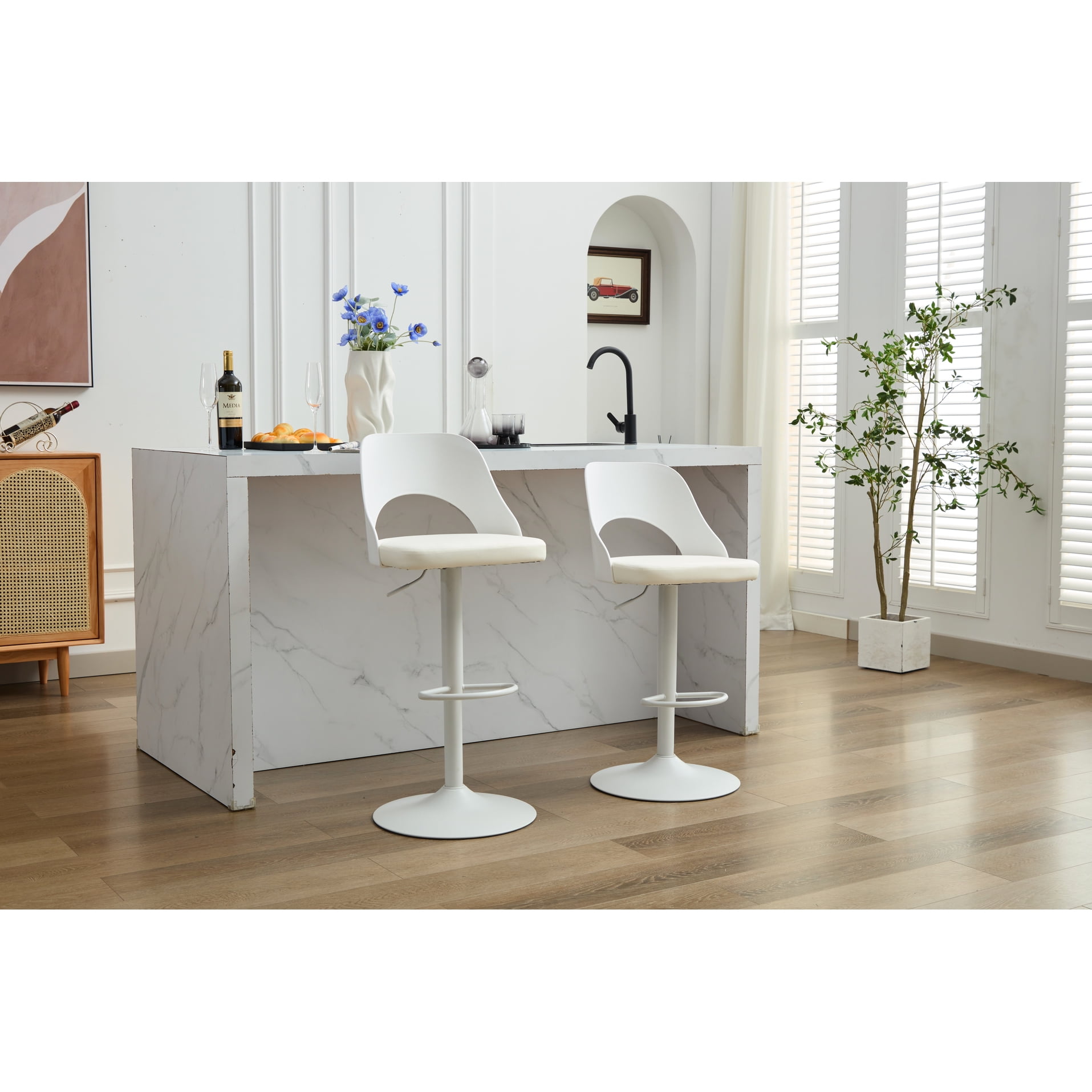 Modern White Pu Bar Stools ( Of 2) - Swivel Adjustable For Counter And ...
