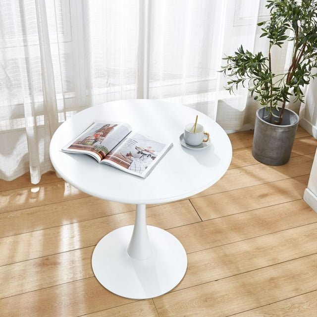 Modern White Round Dining Table, 31.5'' Diameter Solid Metal Base ...