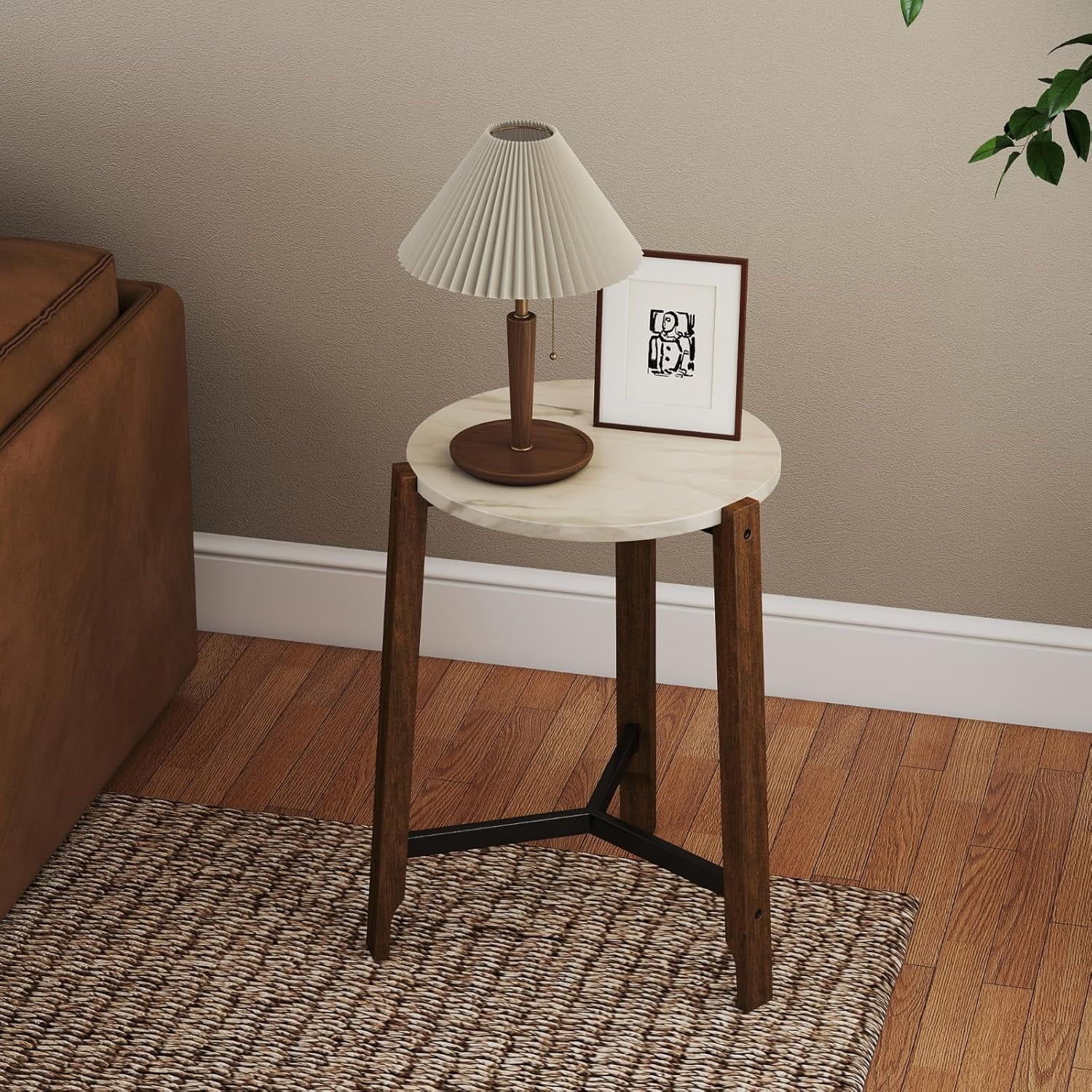 Modern White Round End Table, Side Table with Faux Marble Texture Top ...
