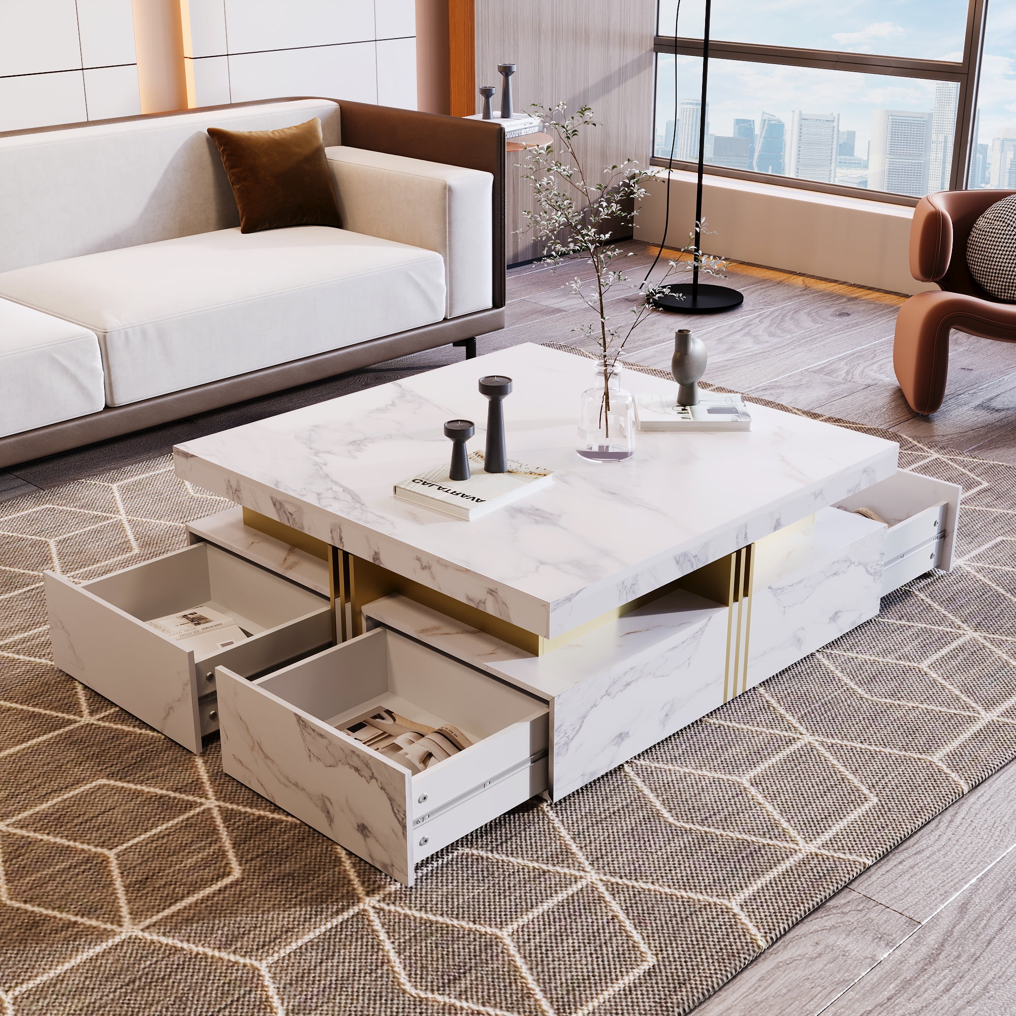 Modern White Square Coffee Table with Gold Accents and 4 Drawers ...