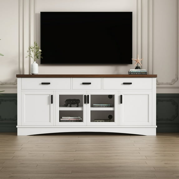 Modern White TV Console, 67" Width TV Stand, Glass Doors & Storage Drawers, Adjustable Shelves ...