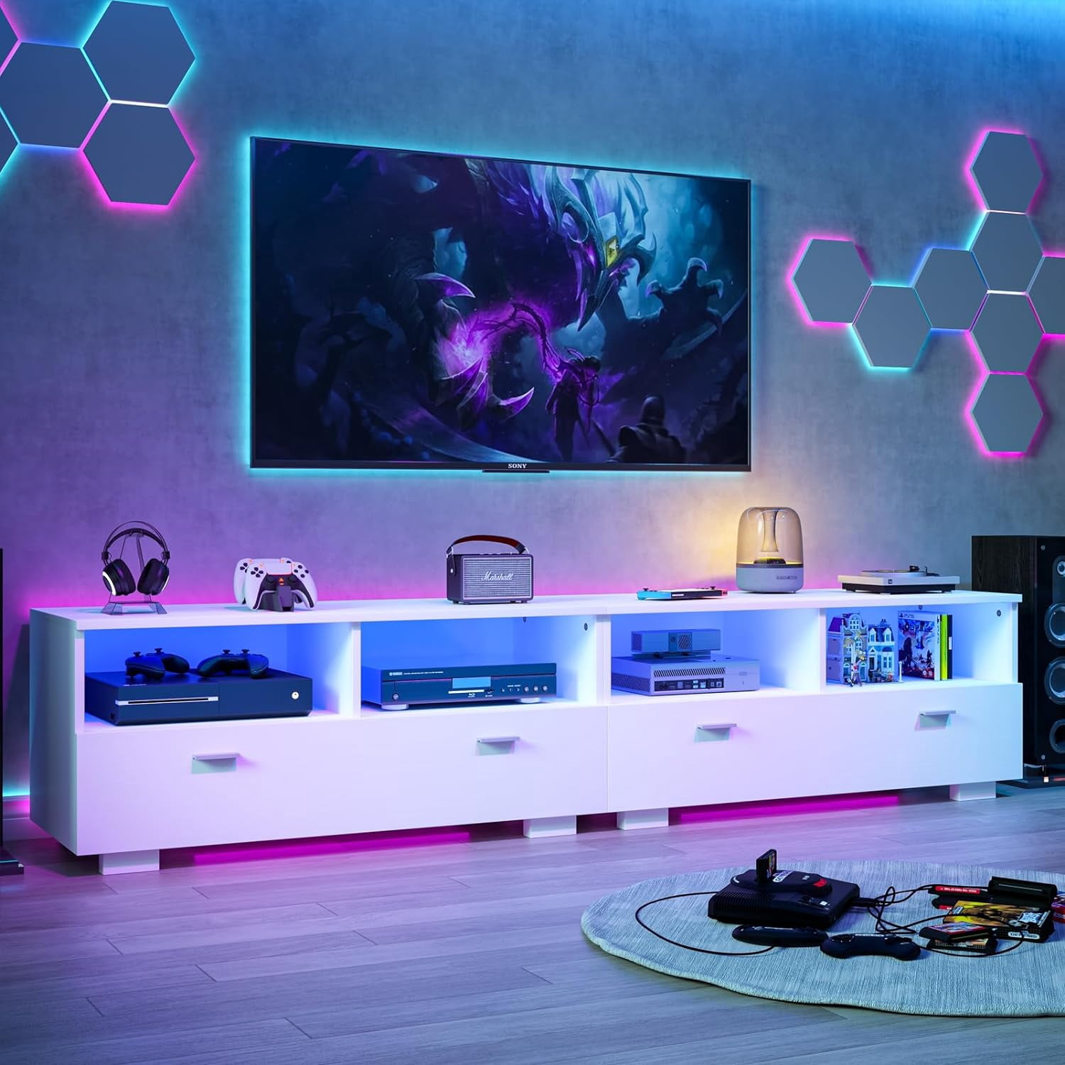Modern White TV Stand With LED Lights 71 Gaming Entertainment Center Modern White TV Stand With LED Lights 71 Gaming Entertainment Center