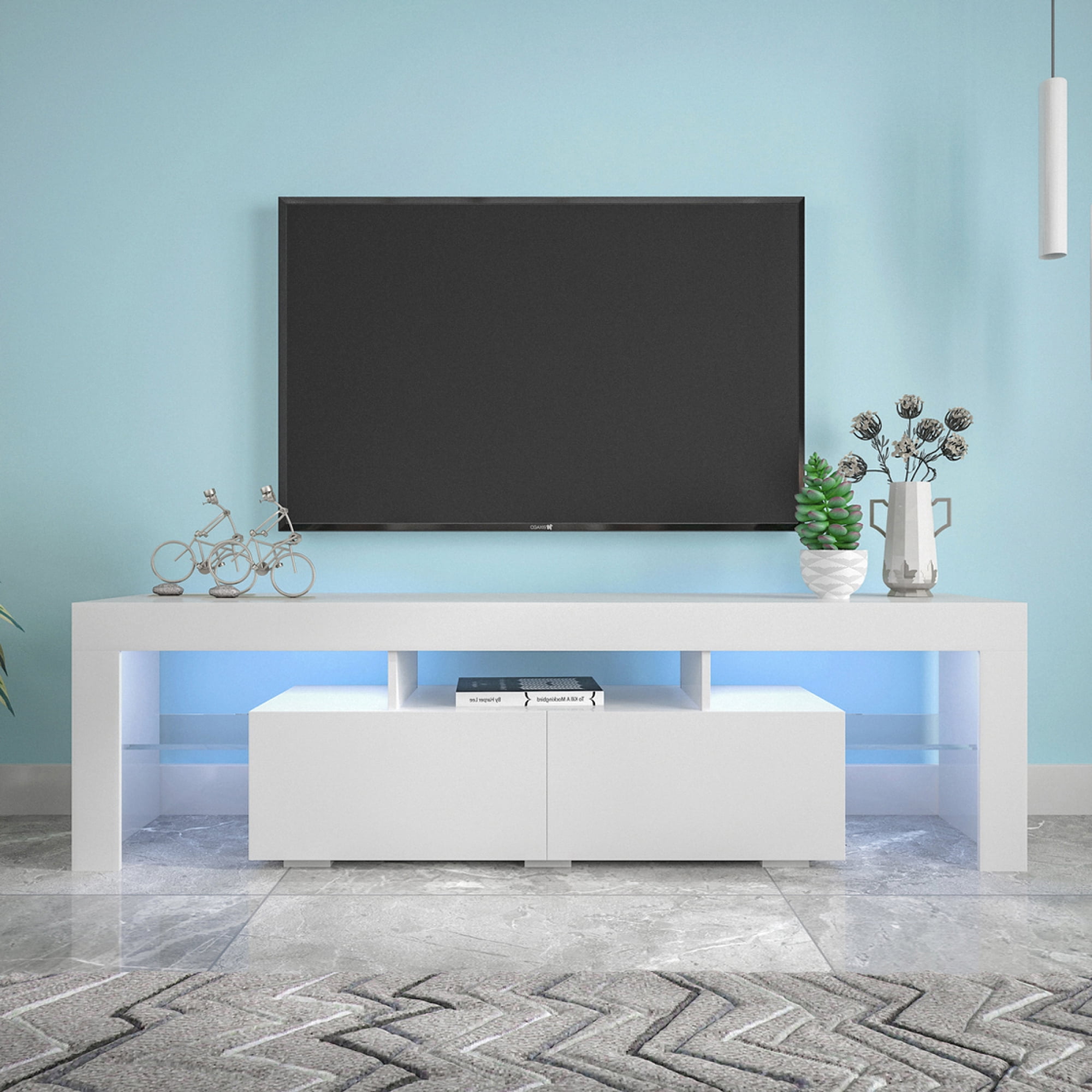 Modern White Tv Stand, 20 Colors Led Tv Stand W/Remote Control Lights ...