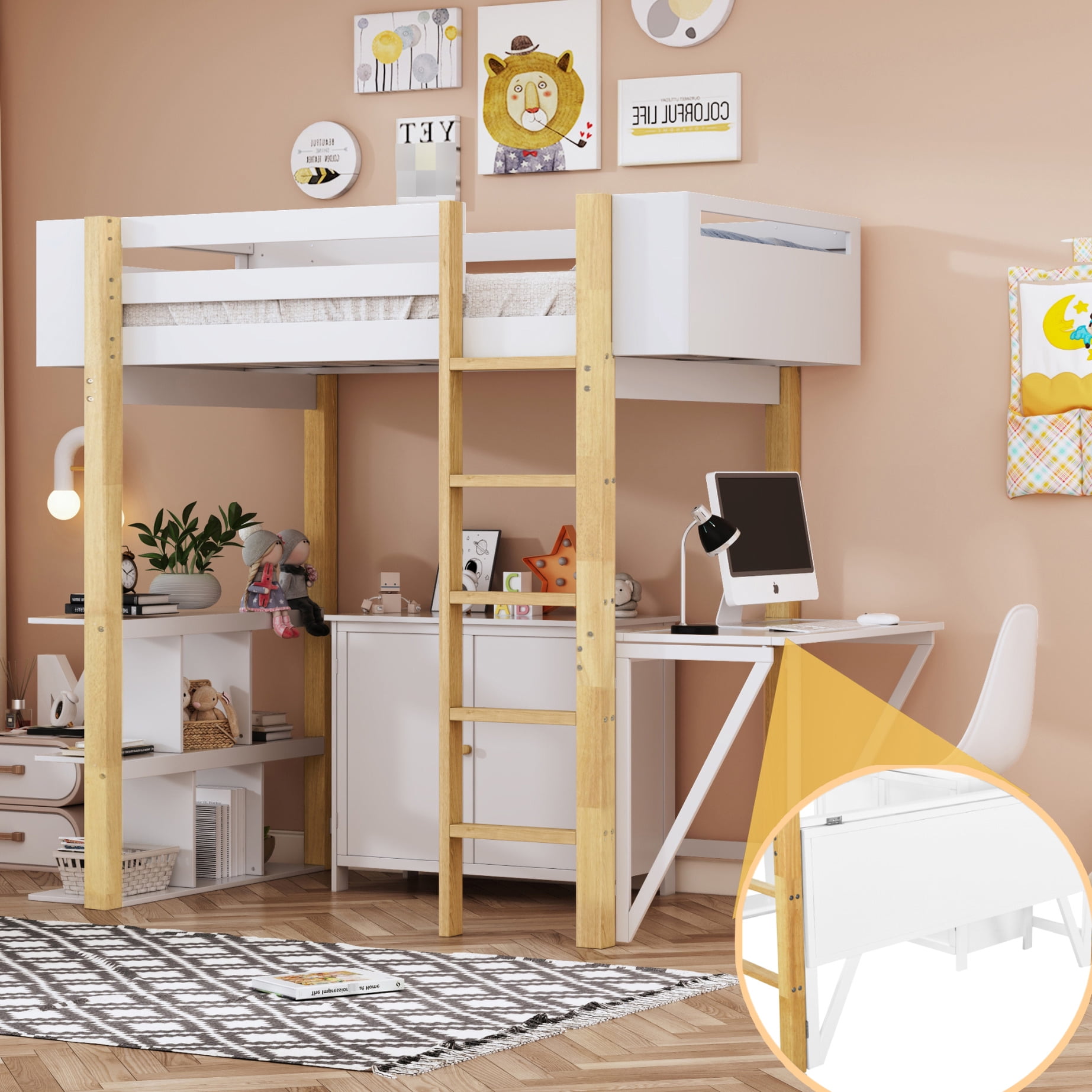 Modern White Twin Loft Bed With Storage Compartments And Foldable Work ...