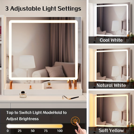 Modern White Vanity Desk with LED Mirror & 3-Color Adjustable Lighting ...