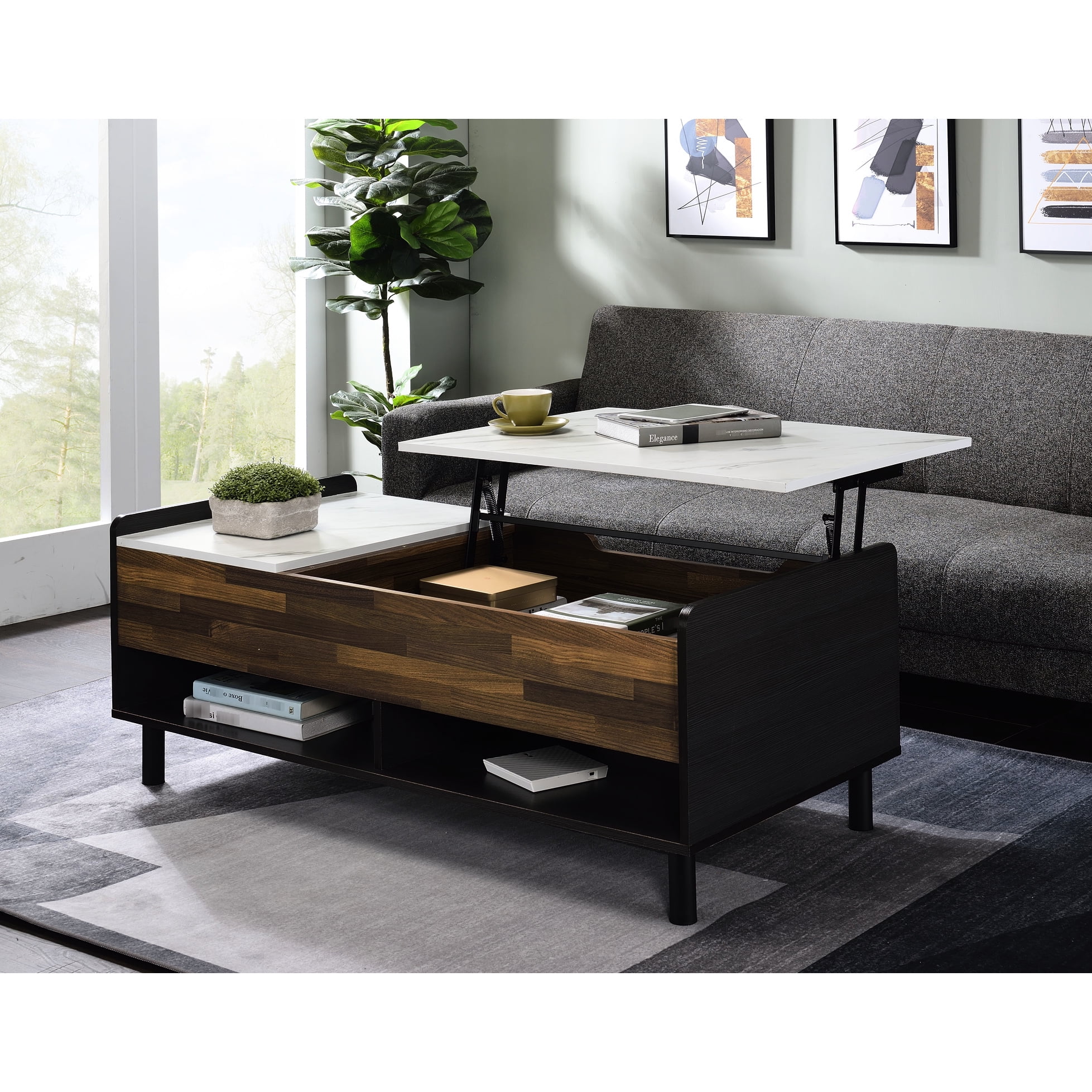 Modern White Walnut Coffee Table With Lift-top - Rectangular Shape For ...