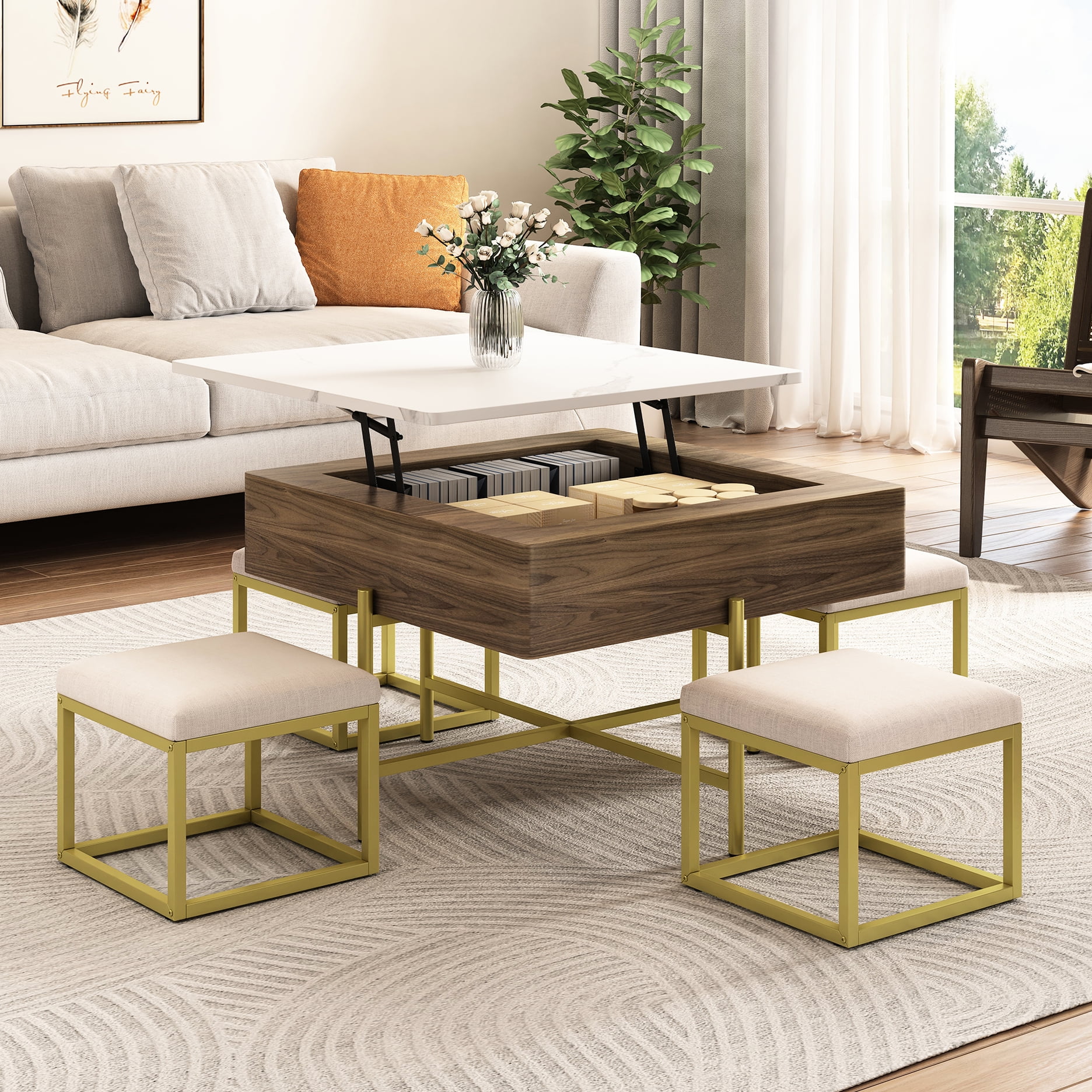 Modern White & Walnut Lift-top Coffee Table With Storage And 4 Ottomans ...