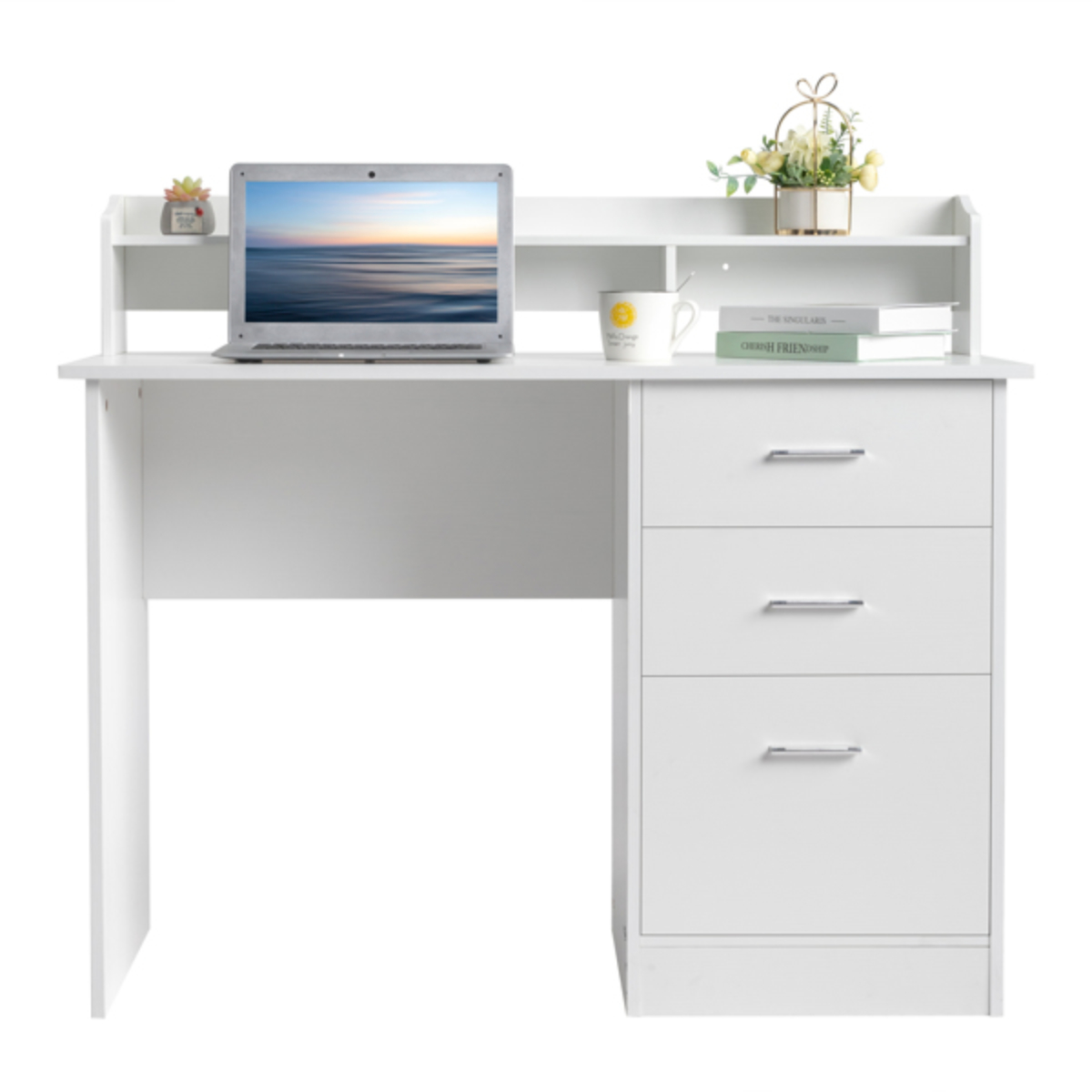 Modern White Wood Grain FCH Computer Desk with Three Drawers and Three ...