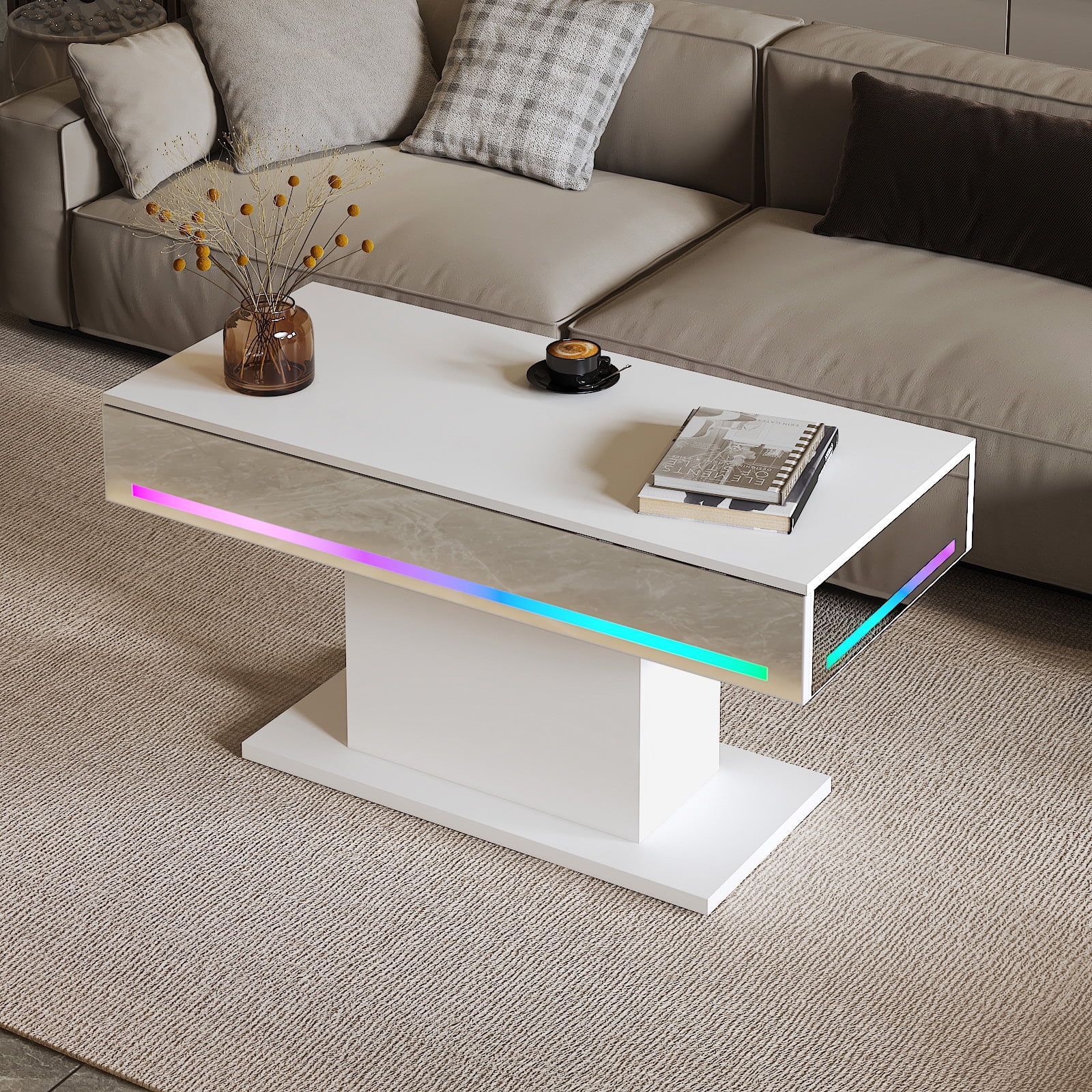 Modern White Wooden LED Coffee Table - 16-Color RGB Lighting ...