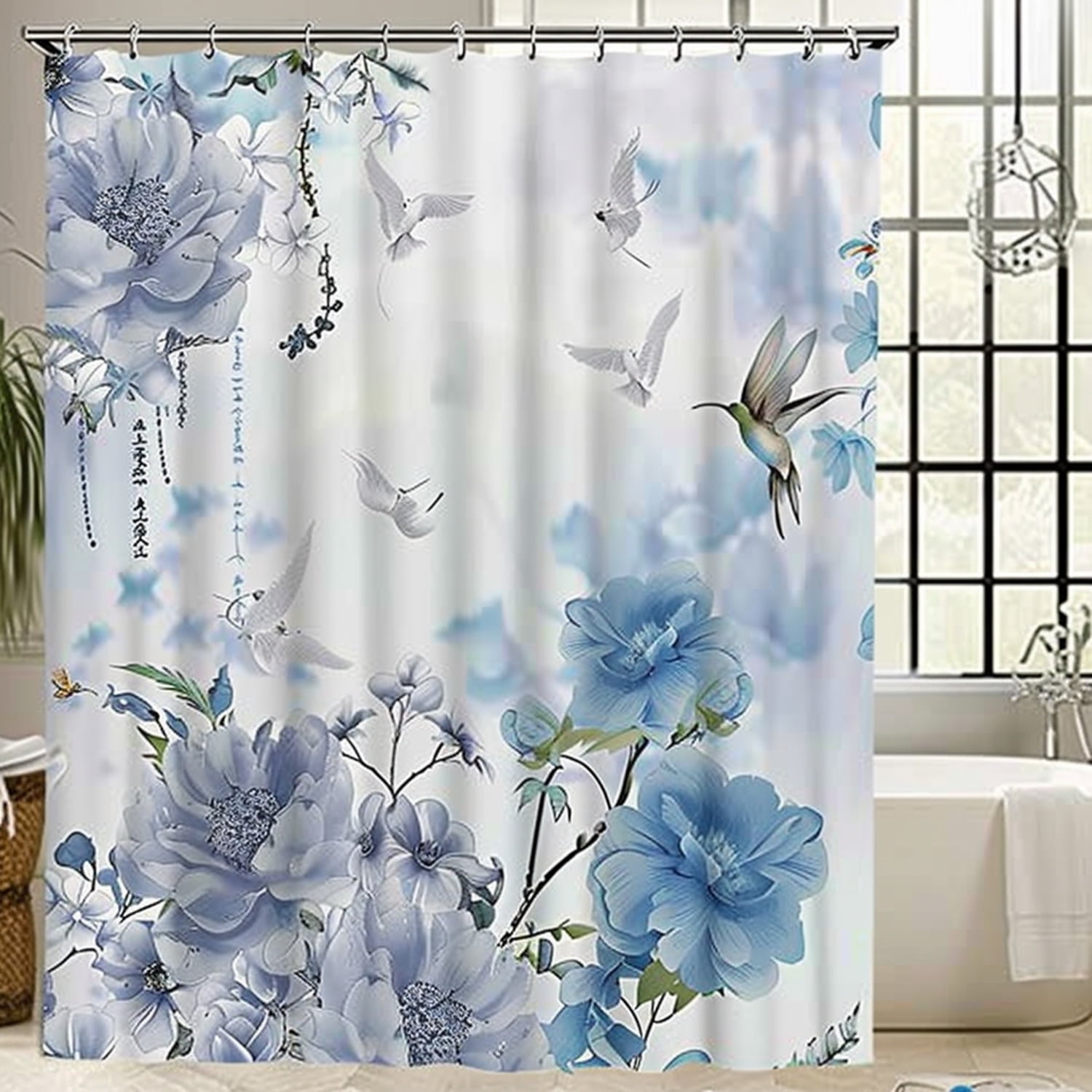 Modern White And Blue Floral Shower Curtain With Hummingbirds High