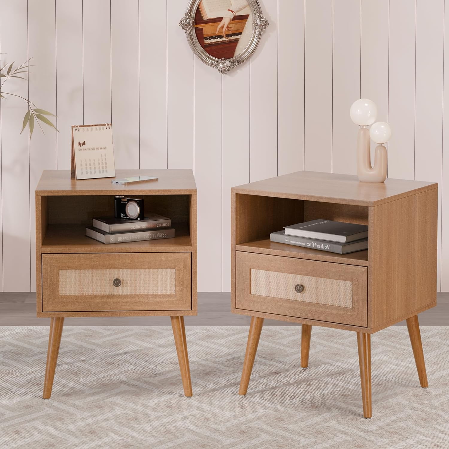 Modern Wicker Rattan Stand Set of 2, Rattan Stand with Drawer and Small ...