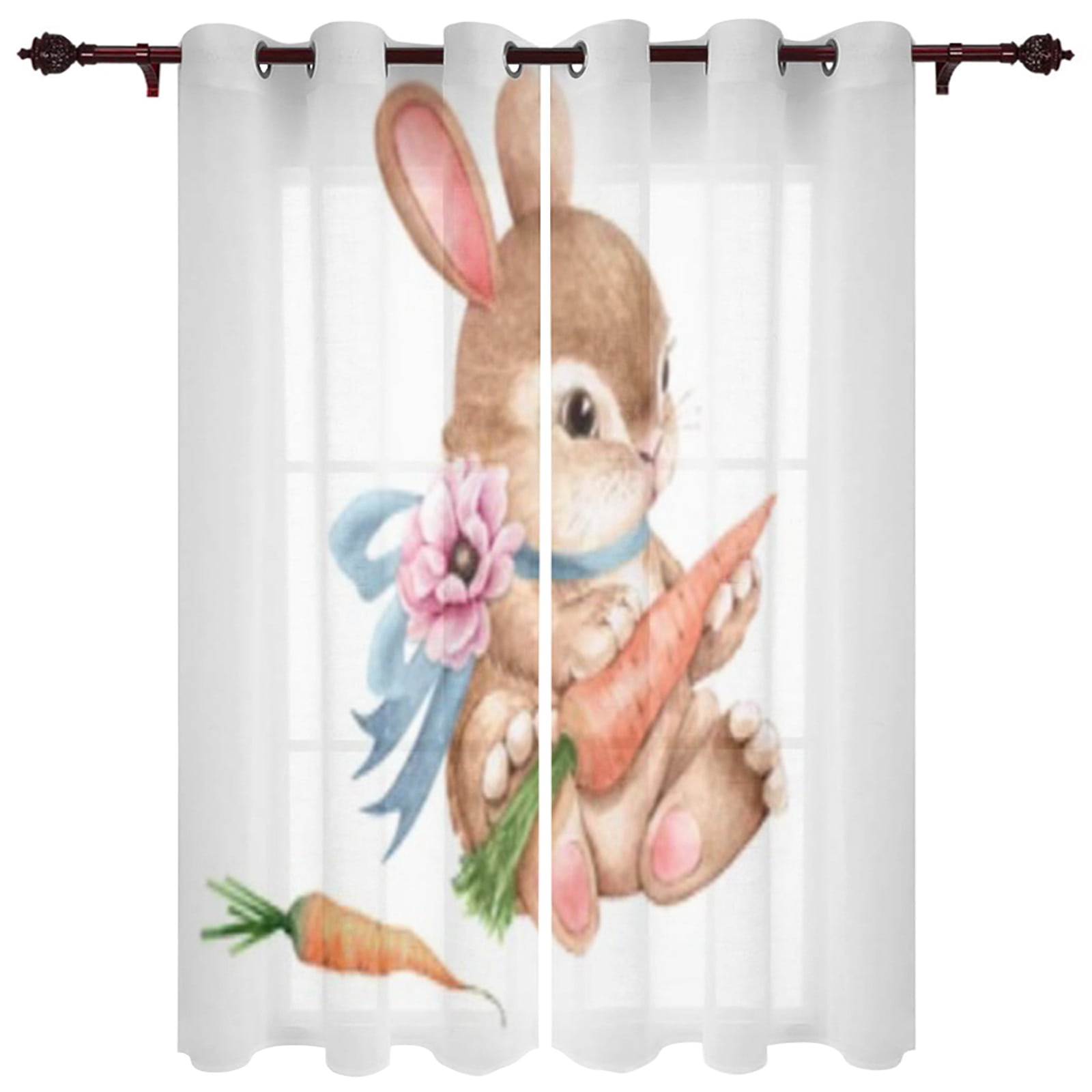 Modern Window Curtains Bunny Rabbit with Flowers Watercolor Luxury ...