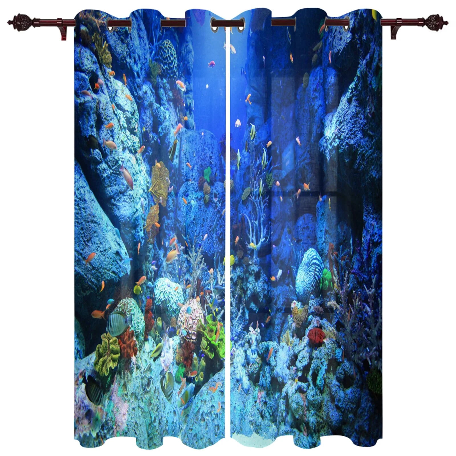 Modern Window Curtains for Living Room Blue Ocean Coral Small Fish ...