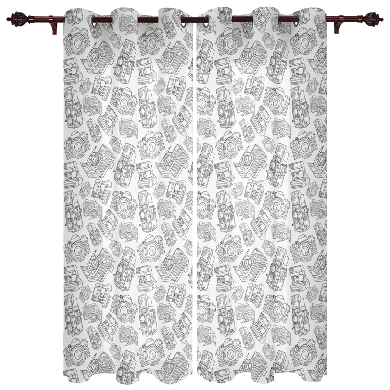 Modern Window Curtains for Living Room Camera Clock Line Art Curtains ...