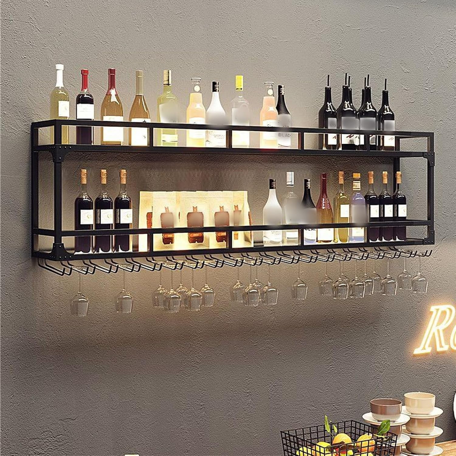 Modern Wine Storage Rack Wall Mounted With LED Light With Wine Glass ...