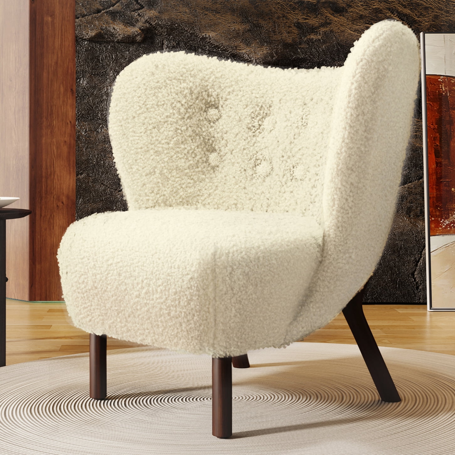 Modern Wingback Accent Chair in Cream Lambskin Sherpa, Tufted Style ...