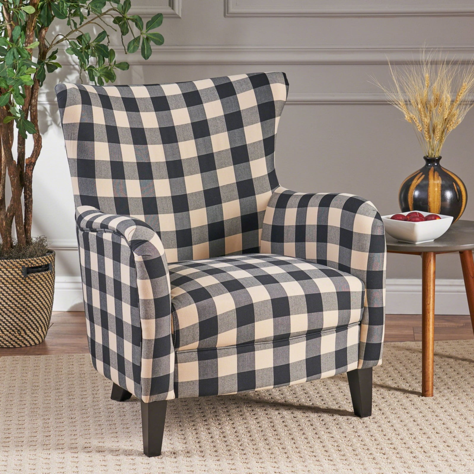 Modern Wingback Accent Chair with Wood Legs, Checkerboard Classic ...