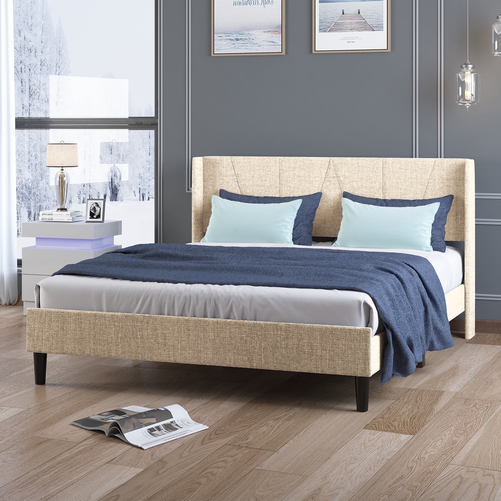 Modern Wingback King Size Upholstered Platform Bed Frame with Headboard ...
