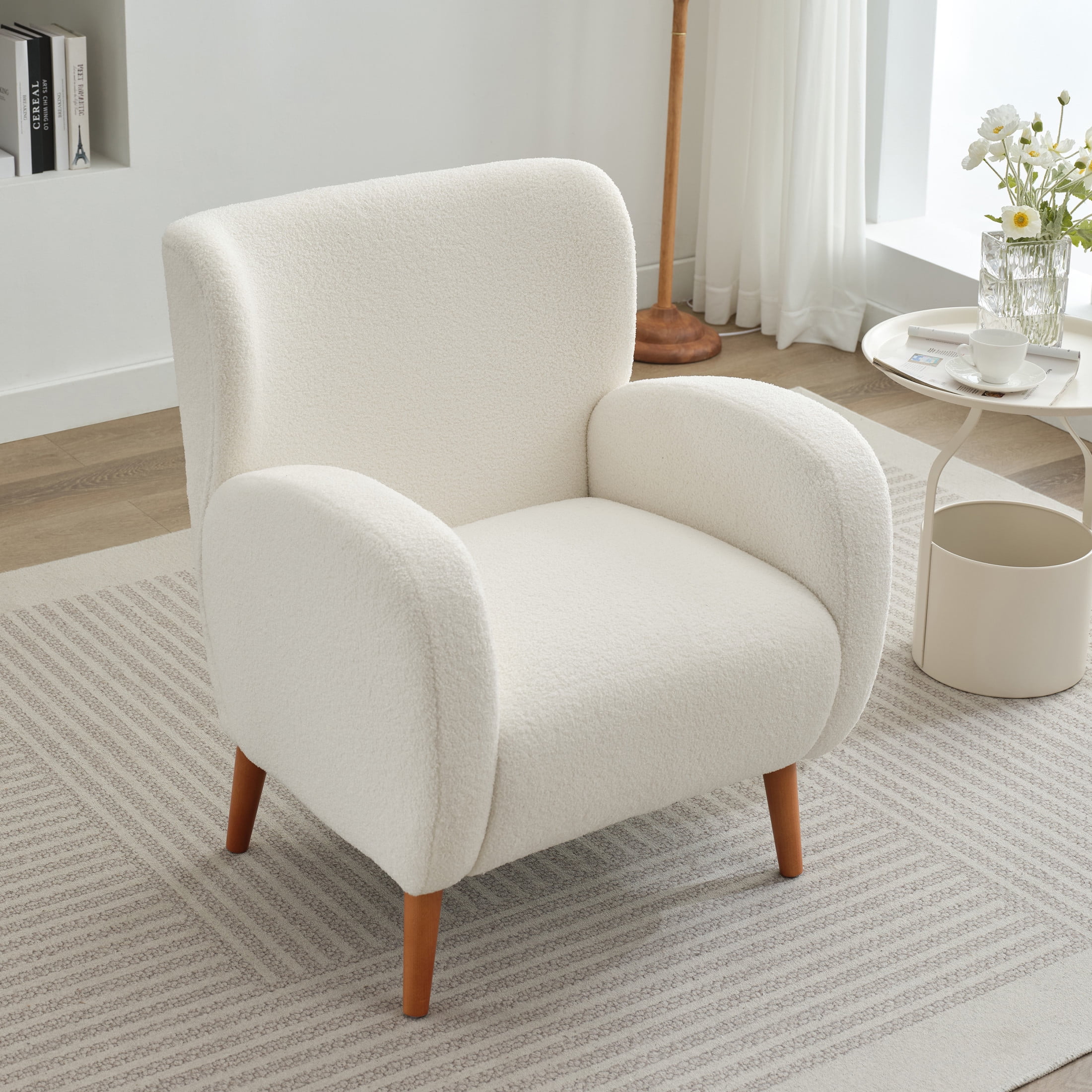 Modern Wingback Lounge Chair with Soft Fabric & Solid Wood Legs, Beige ...