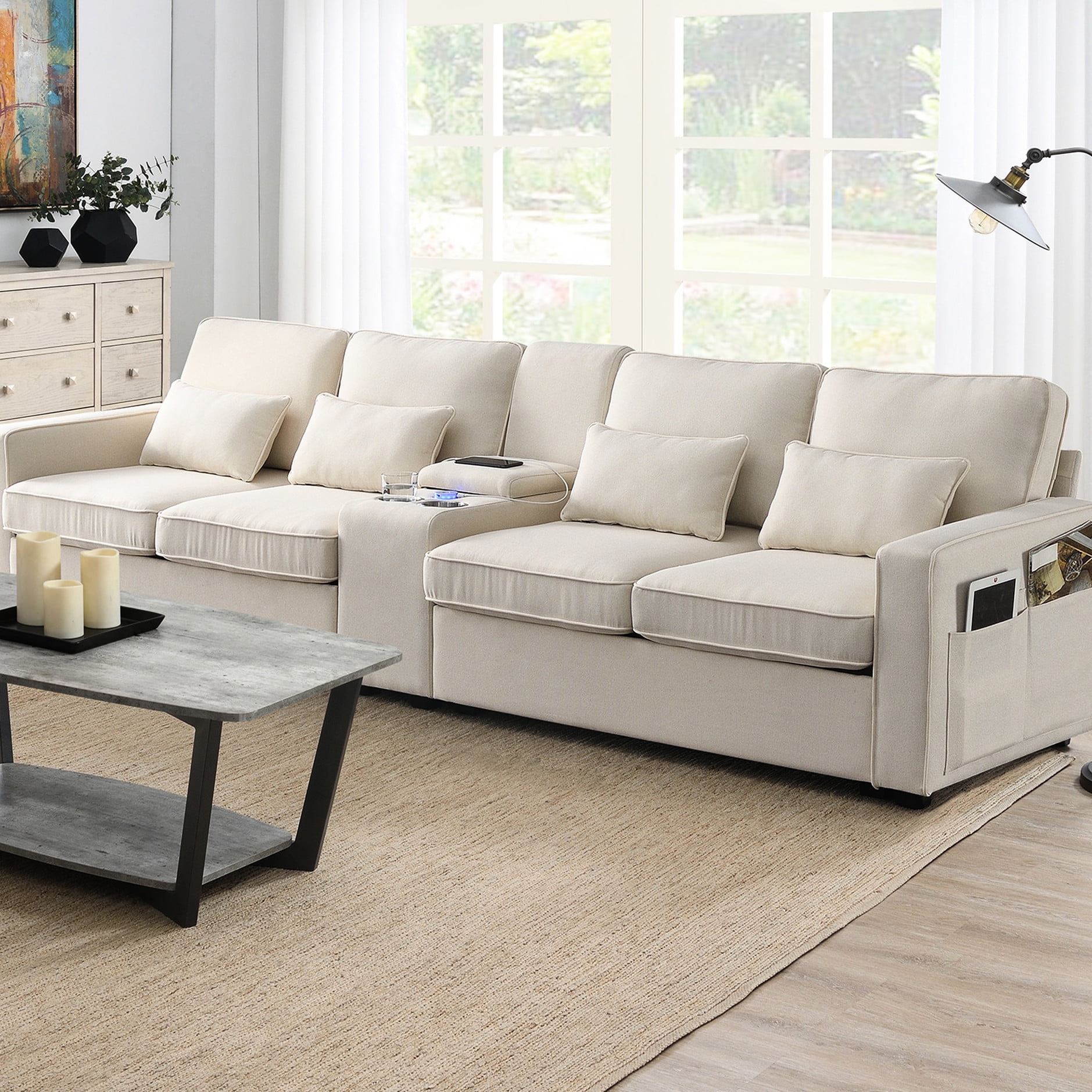 Modern With Console & 2 Ports, 114.2" Linen, 4, Sponge Fill, Solid Wood ...