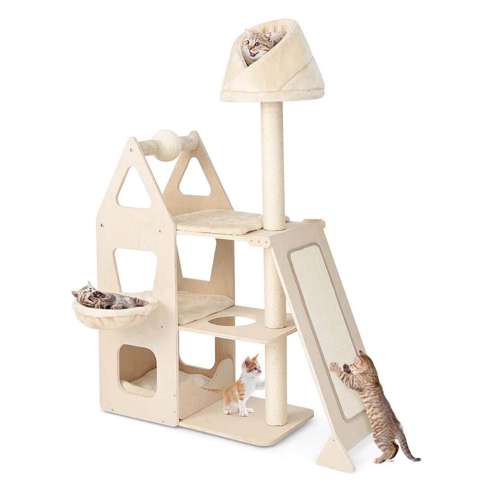 Modern Wood Cat Tree, 64 Inch Multi-Level Tall Cat Tree with Sisal Ramp ...