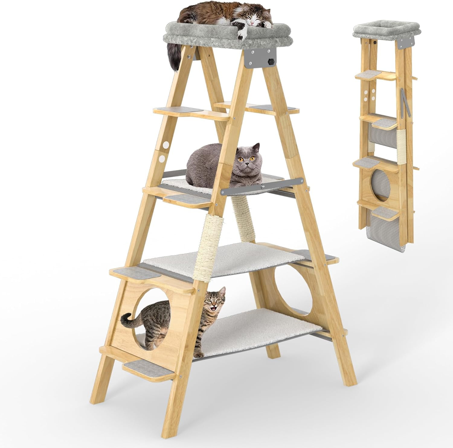 Modern Wood Cat Tree Foldable Ladder Design with Cat Hammock & Sisal ...