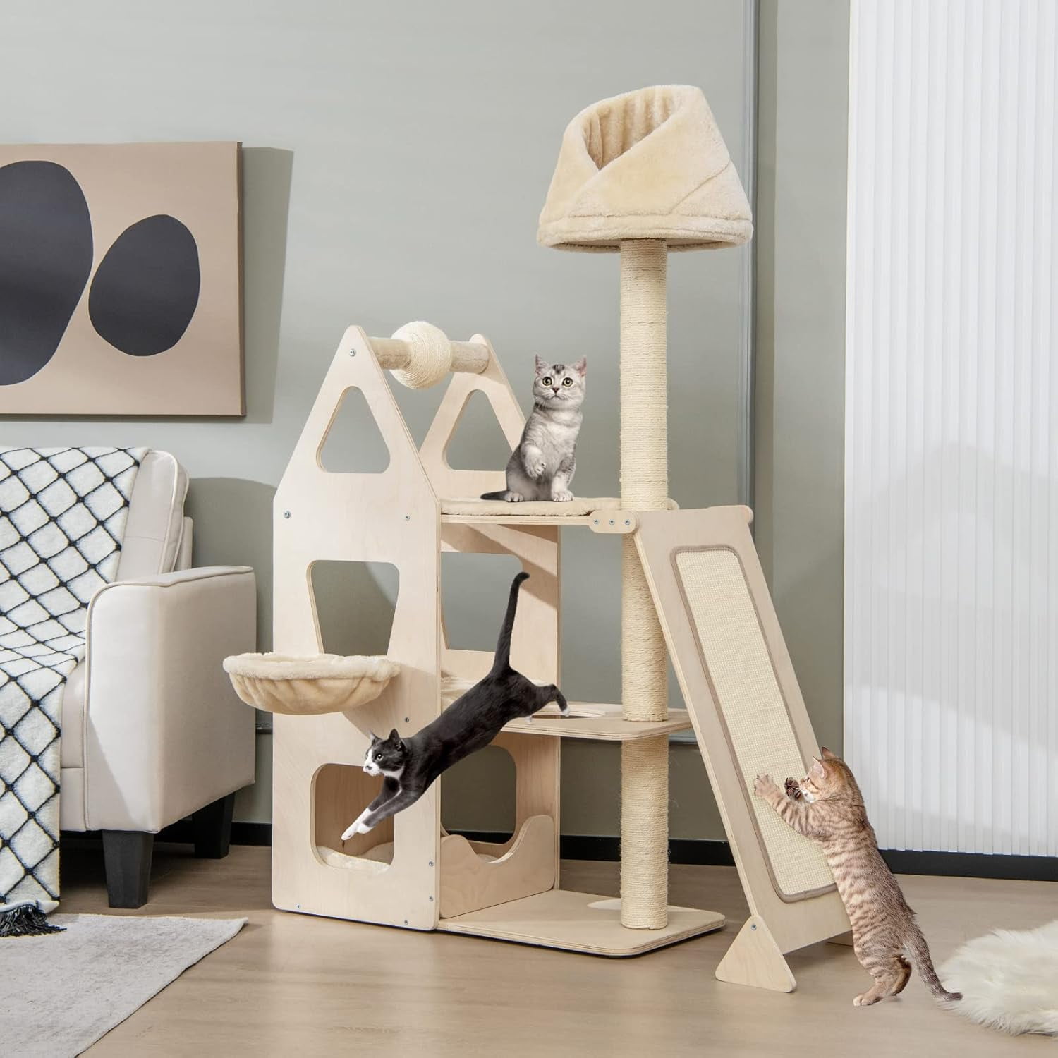 Modern Wood Cat Tree for Indoor Cats, 64 Inch Multi-Level Tall Cat Tree ...